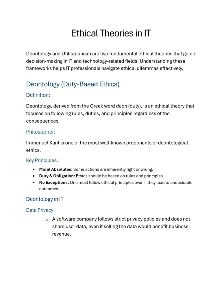 Ethical Theories in IT: Deontology vs. Utilitarianism | PDF ...