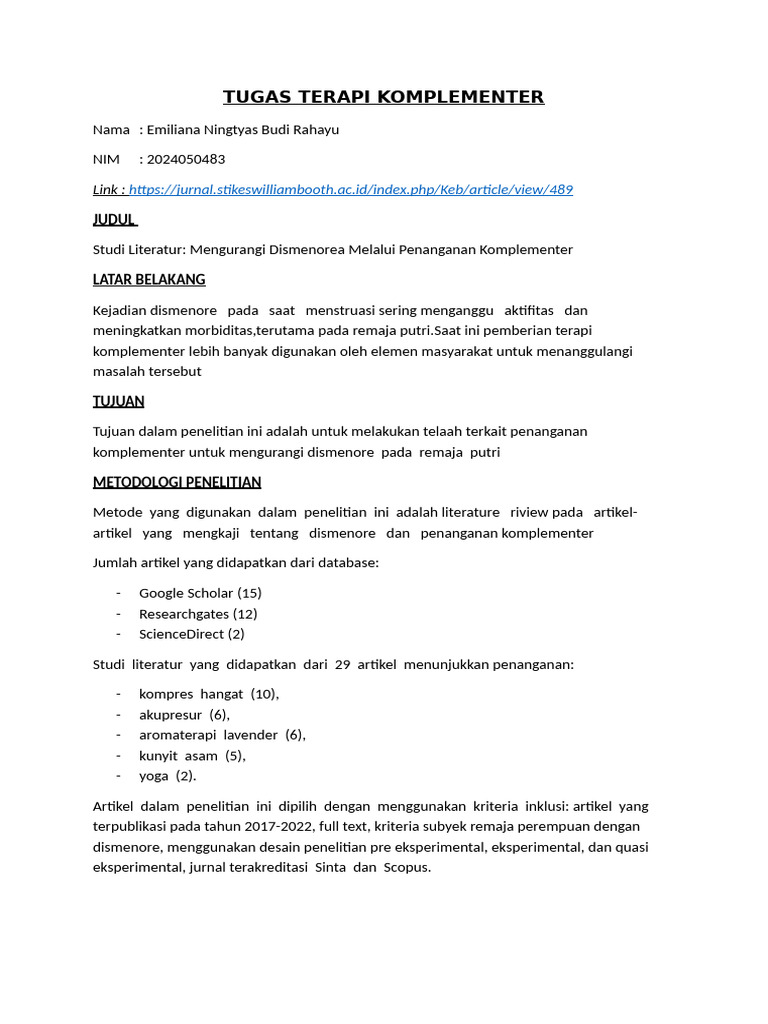 Tugas Terapi Komplementer Disminore | PDF