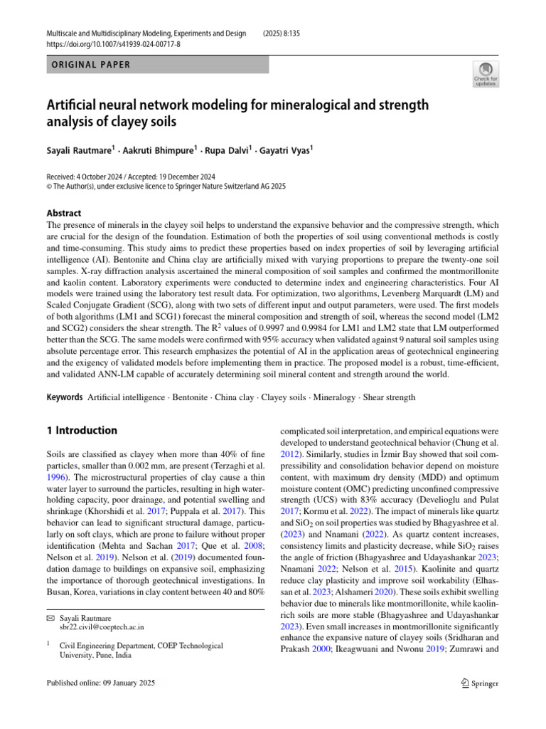 Published Artificial Neural Network Modeling For Mineralogical and Strength Analysis of Clayey ...