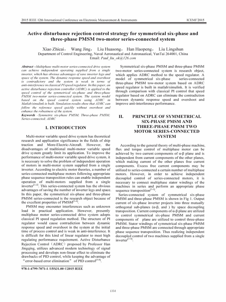 Active Disturbance Rejection Control Strategy For Symmetrical Six-Phase and Three-Phase PMSM Two ...