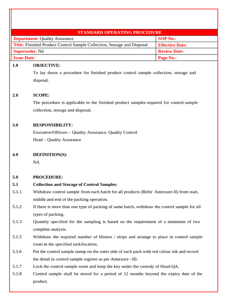 819969607 SOP for Finished Product Control Sample Collection Storage ...