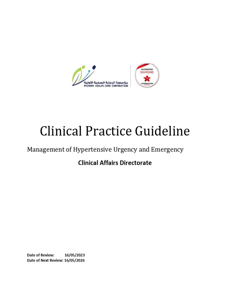 Clinical Practice Guideline For The Management of Hypertensive Urgency ...