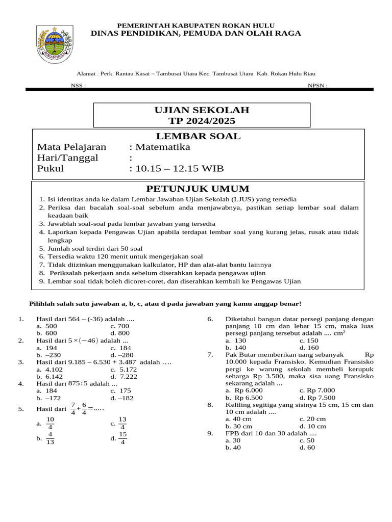 Soal Us MTK 2025 | PDF