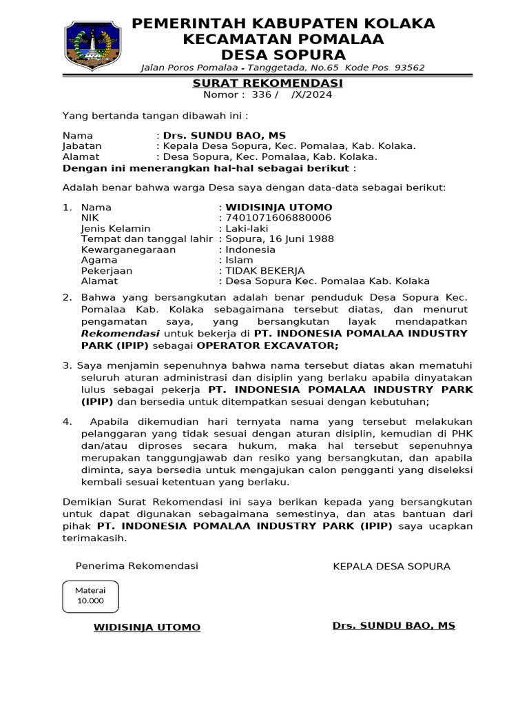 File Rekomendasi Kerja Desa Sopura 2024 | PDF