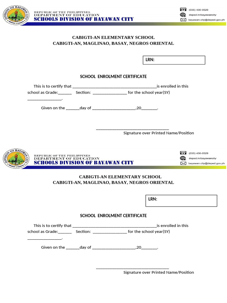 Cabigti-an Elementary School Enrollment Certificate | PDF