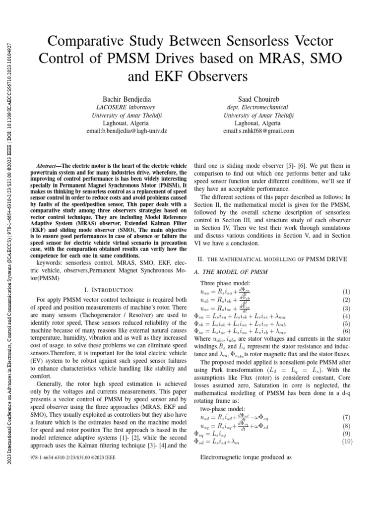 Comparative Study Between Sensorless Vector Control of PMSM Drives Based On MRAS SMO and EKF ...