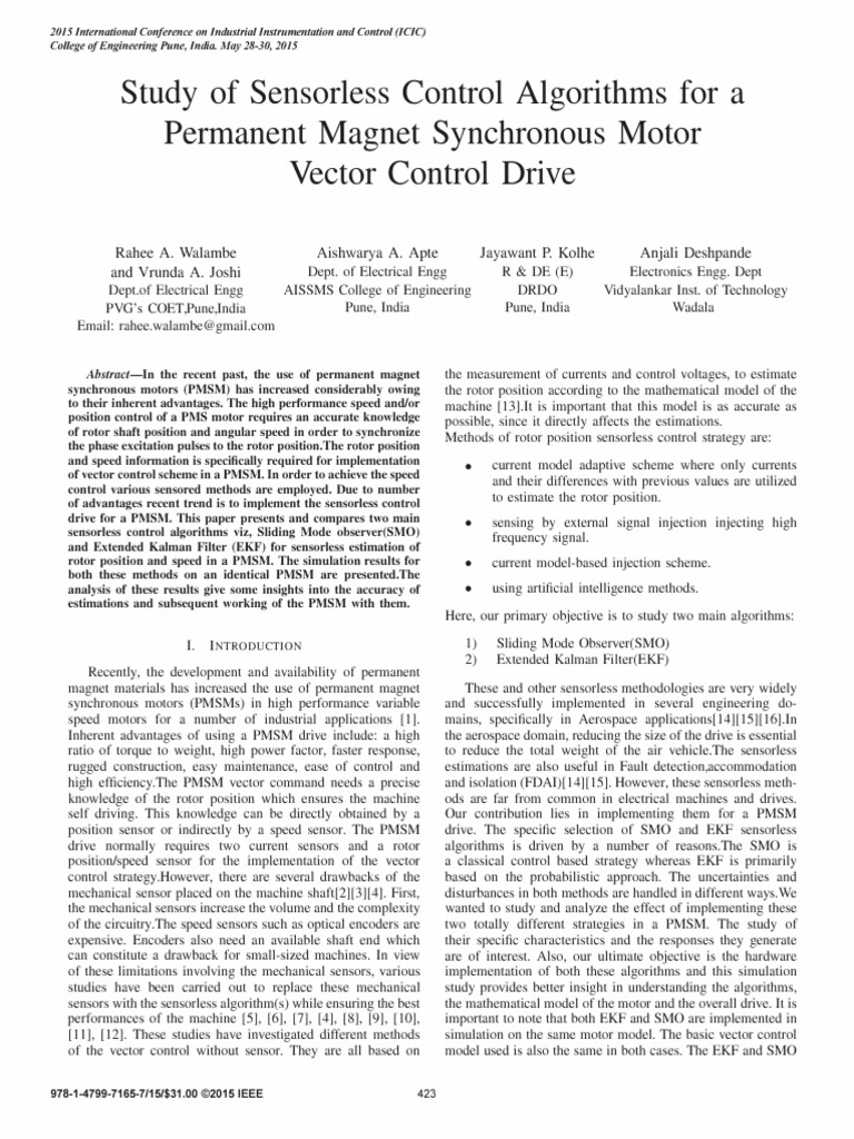 Study of Sensorless Control Algorithms For A Permanent Magnet ...