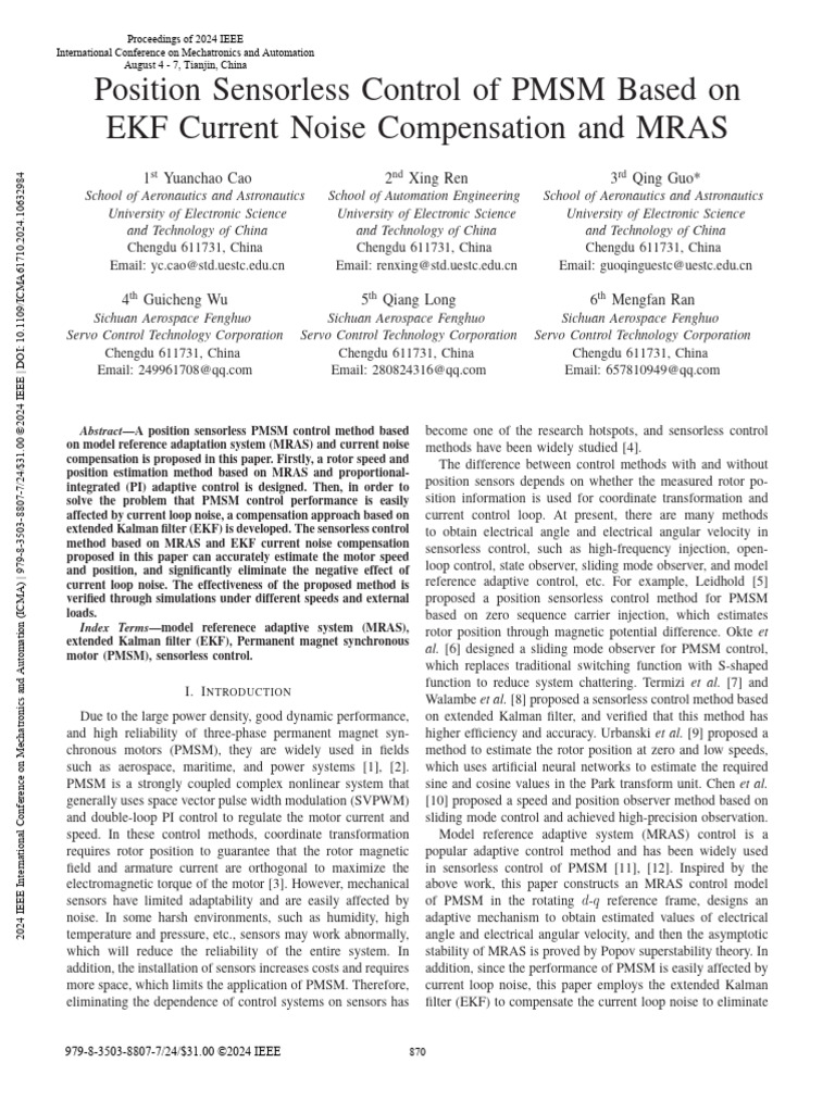 Position Sensorless Control of PMSM Based On EKF Current Noise Compensation and MRAS | PDF ...
