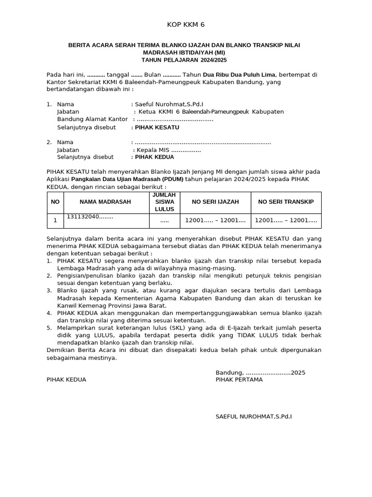 BA Penyerahan Blanko Ijazah Dan Transkrip Nilai KKM 6 TP 2024-2025 | PDF