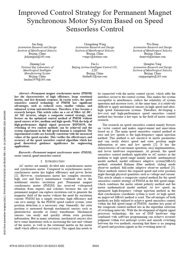 Improved Control Strategy for Permanent Magnet Synchronous Motor System Based on Speed ...