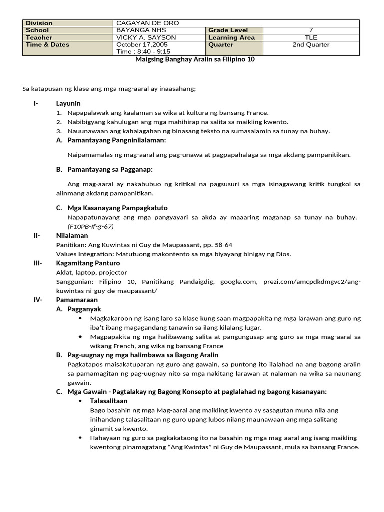 Filipino 10 Lesson Plan | PDF