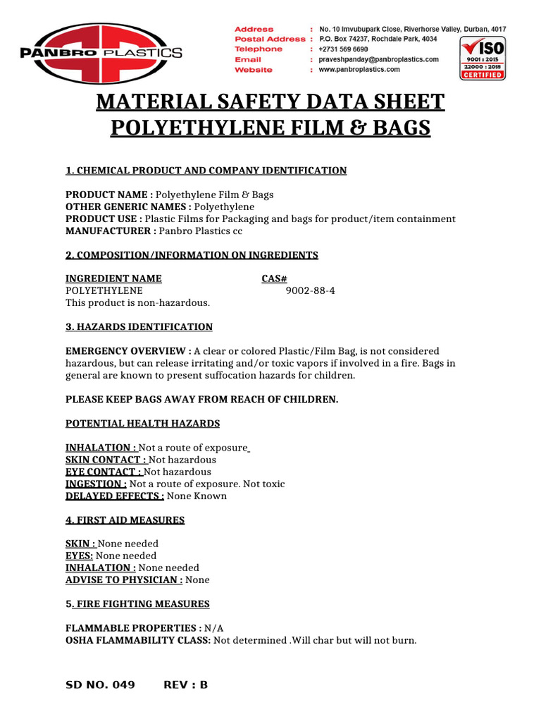 MSDS For Packaging Sample | PDF | Firefighting | Personal Protective ...