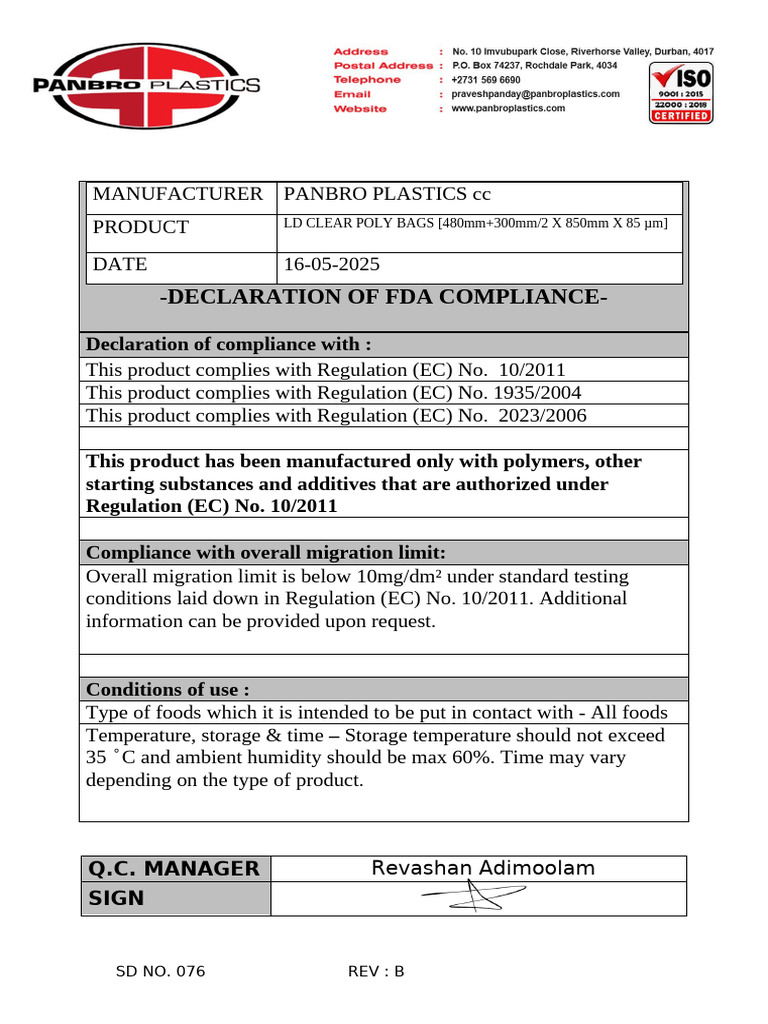 FDA Declaration For Packaging | PDF