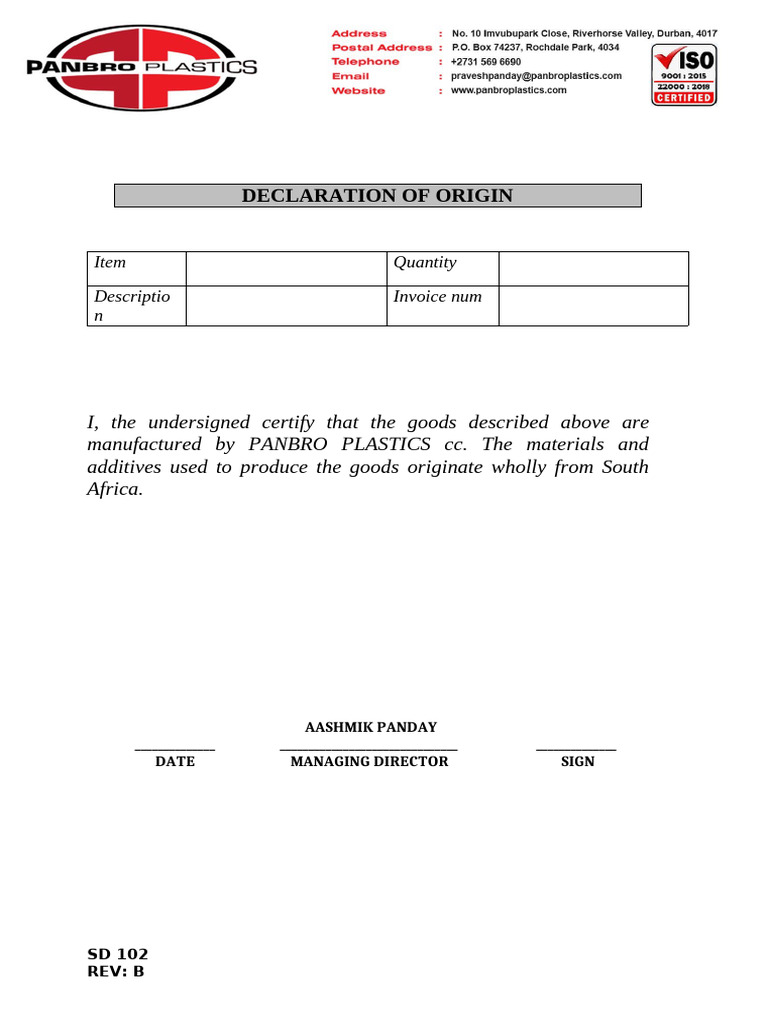 DECLARATION OF ORIGIN South Africa | PDF