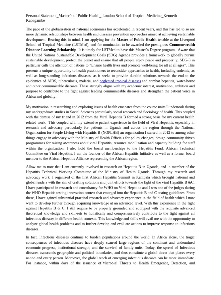 Personal Statement-MSc Global Health Kenneth K-Liv | PDF | Public ...