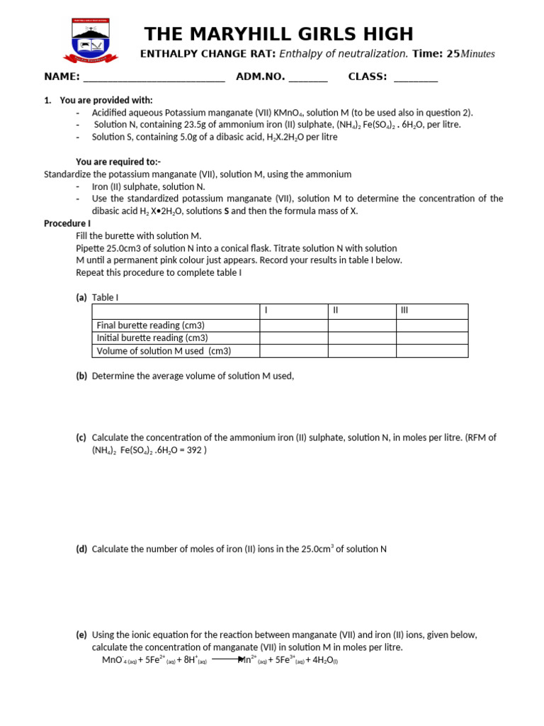 Enthalpy Change Quiz 1 | PDF | Titration | Chemistry