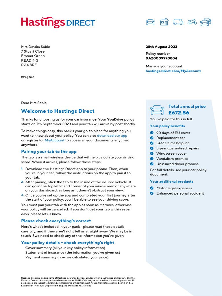 672.56 Welcome To Hastings Direct: Total Annual Price | PDF | Insurance ...