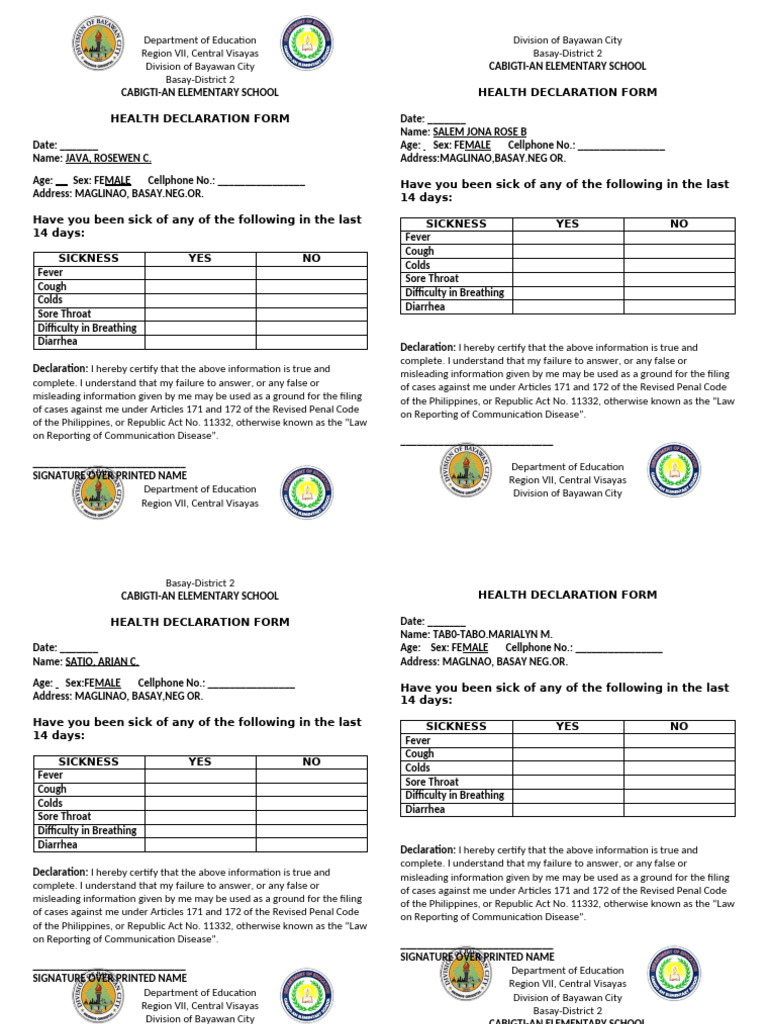 HEALTH Declaration-Form F2F | PDF | Common Cold | Medicine