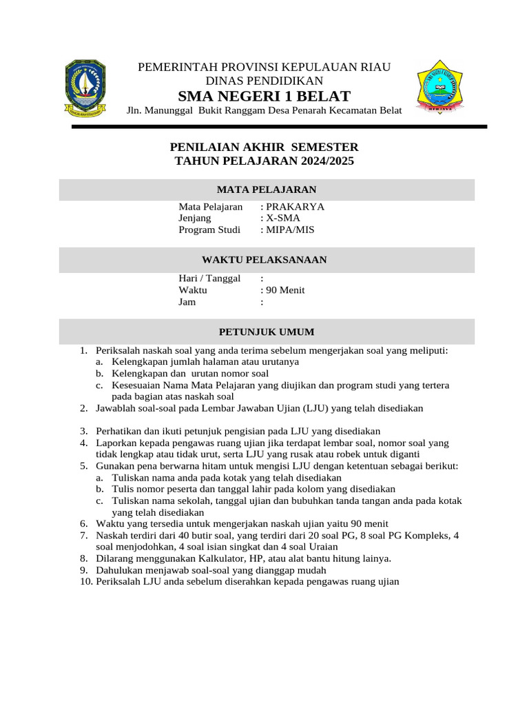 Soal Semester Ganjil 2023 Prakarya x - Copy | PDF