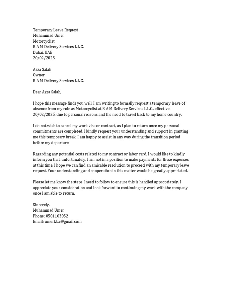 Temporary Leave Request Muhammad Umer | PDF
