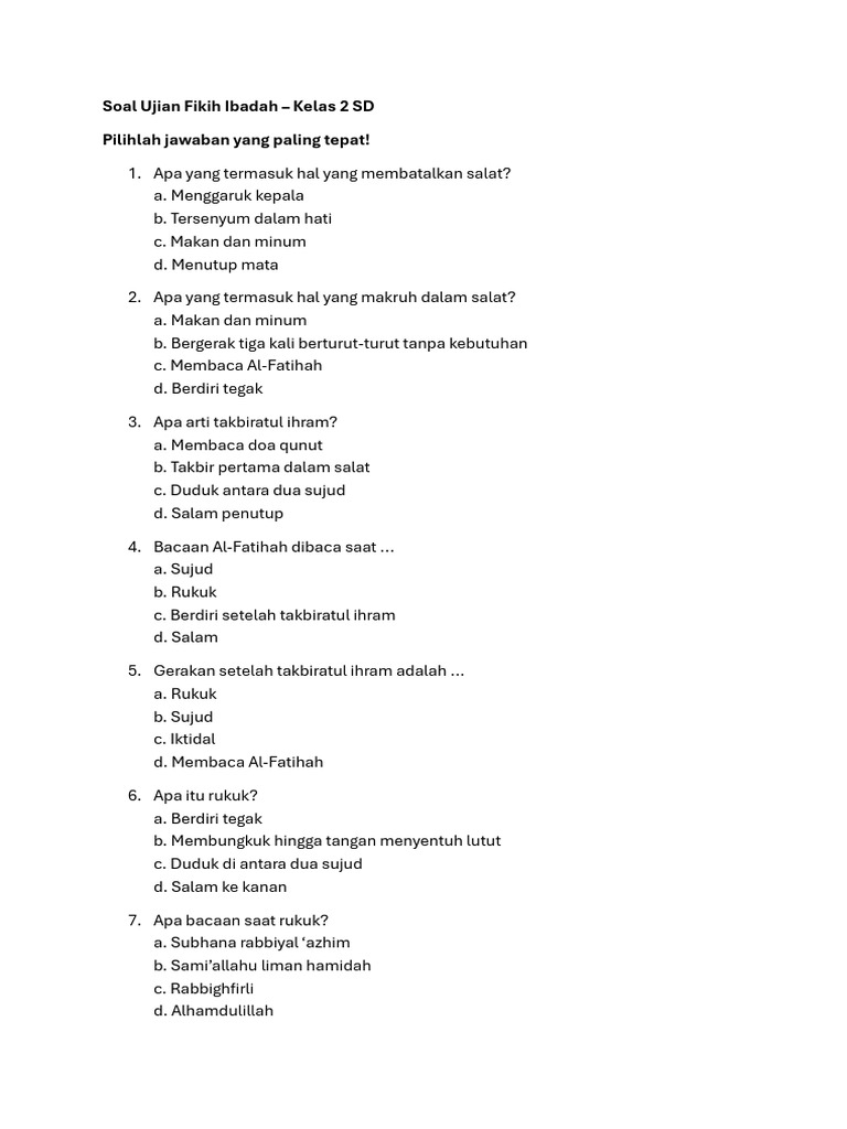 Soal Ujian Fikih Ibadah UAS Semester 2 Kakak Acha | PDF