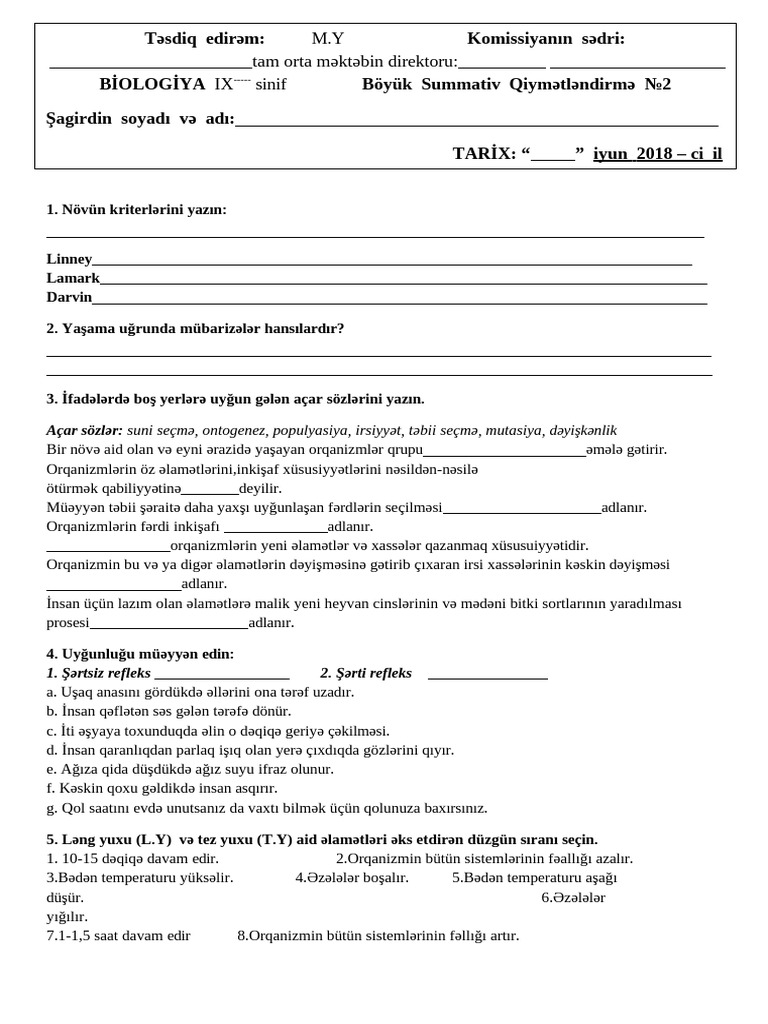 Biologiya - IX Sinif. BSQ-2 | PDF