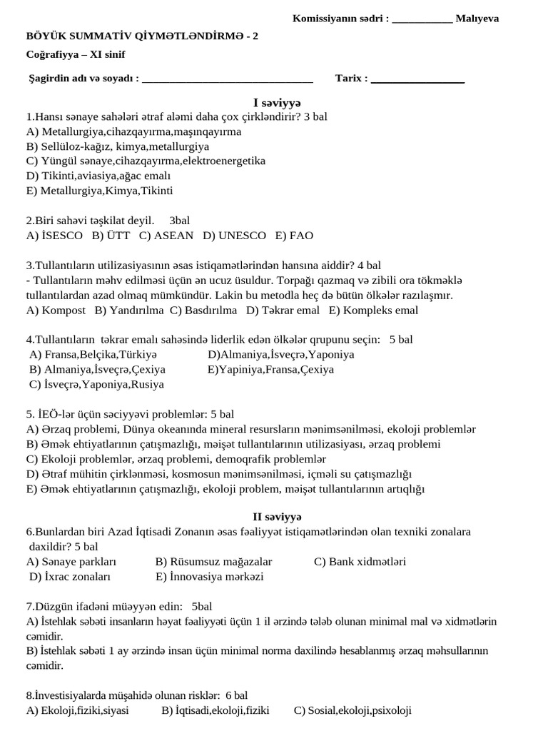 Coğrafi̇ya-Xi Si̇ni̇f BSQ 2 | PDF