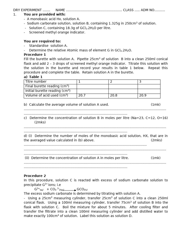 Dry Experiment and Answers | PDF | Titration | Chemistry