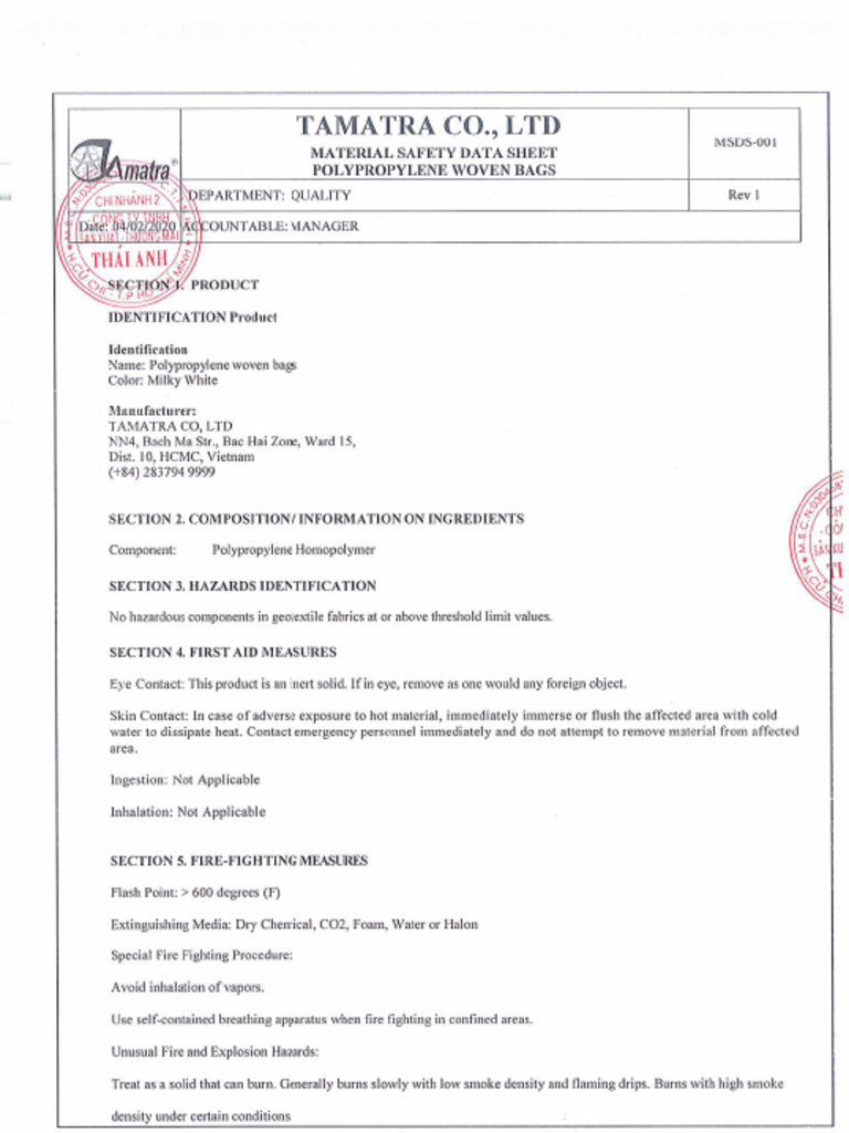 MSDS PP Woven Bags | PDF
