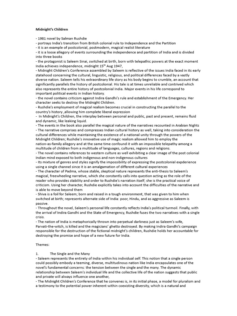 Notes On Midnight's Children | PDF