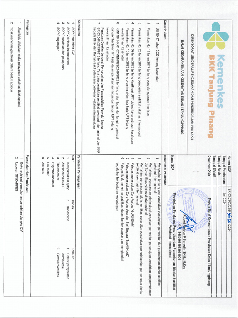 Sop Persetujuan Penerbitan Dan Permohonan Blangko Sertifikat Vaksin Internasional | PDF