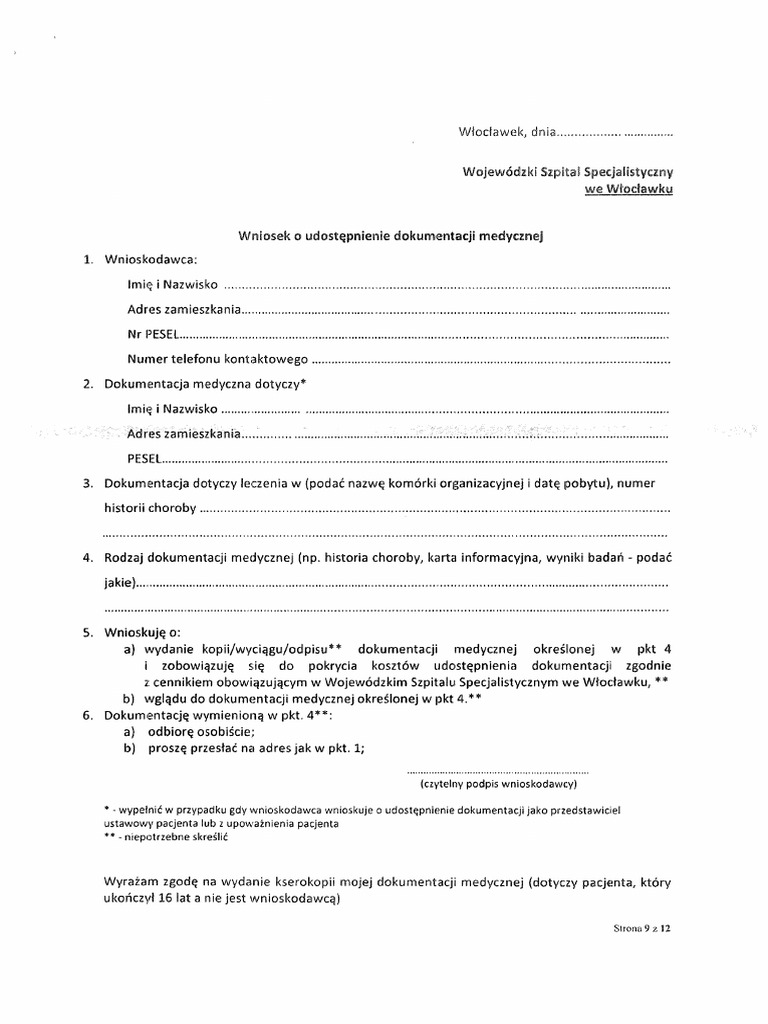 Wniosek o Udostępnienie Dokumentacji Medycznej | PDF