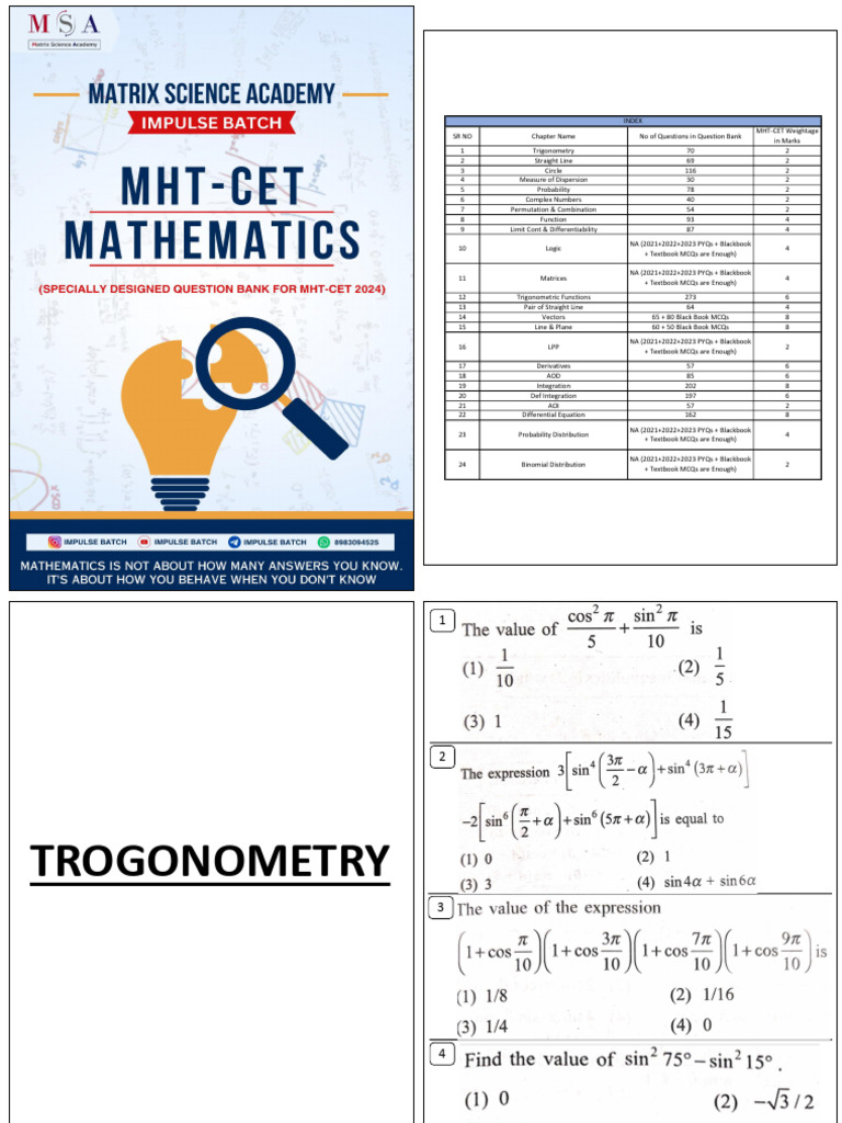 Mathematics Top Level Questions for MHT-CET 2024 (3) | PDF | Circle | Trigonometry