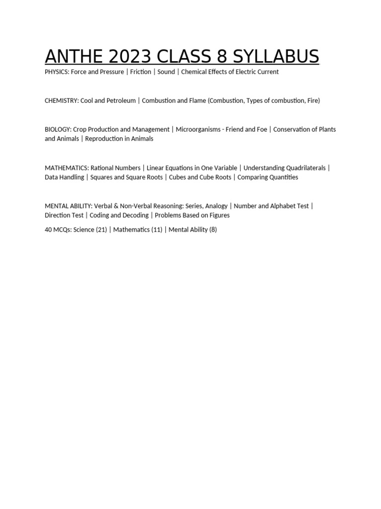 ANTHE 2023 Class 8 Syllabus Overview | PDF
