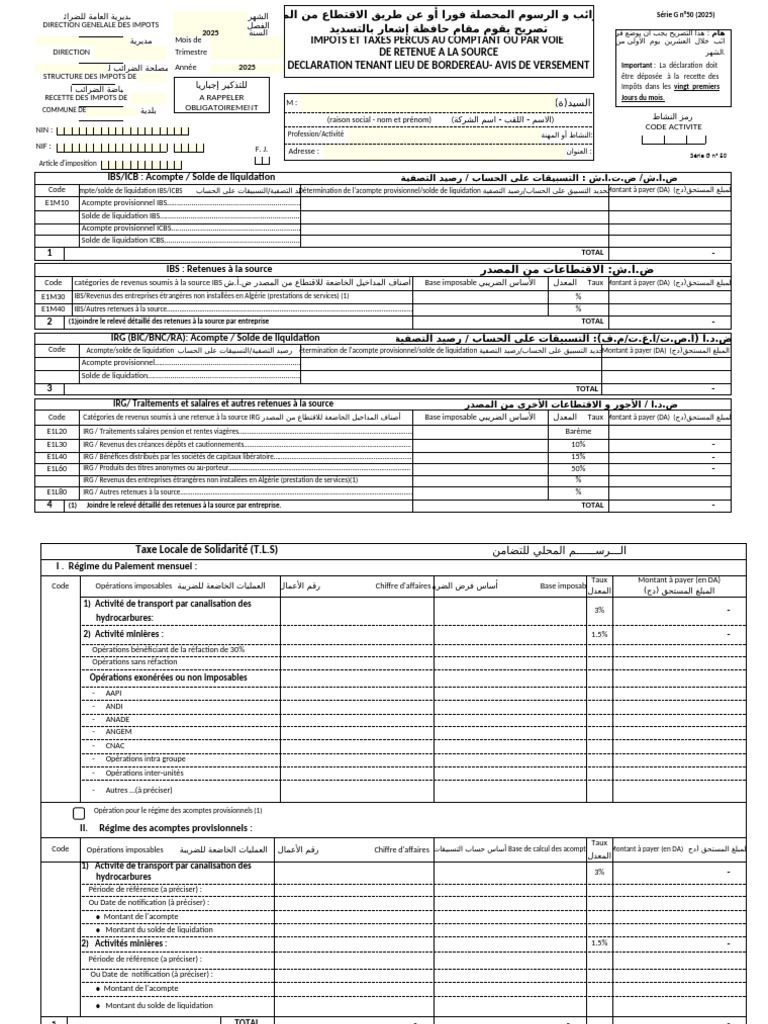 Formulaire G50 Impôts 2025 Algérie | PDF | Impôts | Taxe sur la valeur ...