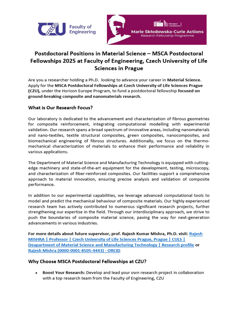 Msca PF Offer Postdoctoral Positions | PDF | Materials Science | Doctor ...