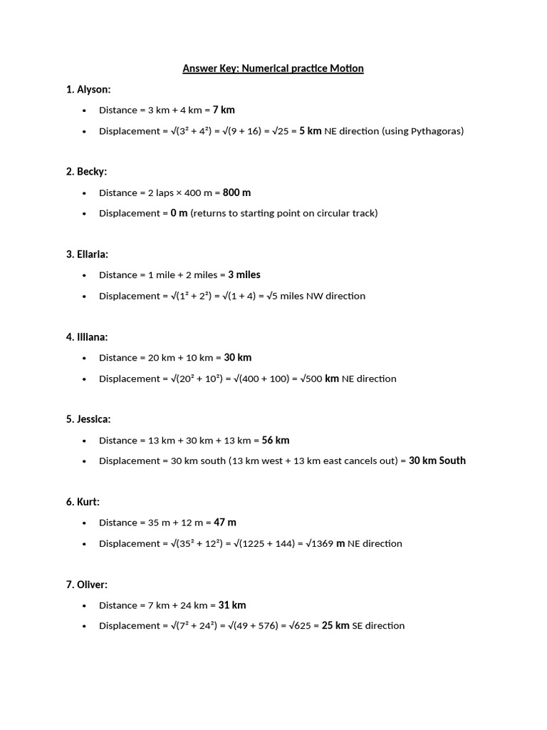 Numerical Practice Motion Answer Key | PDF