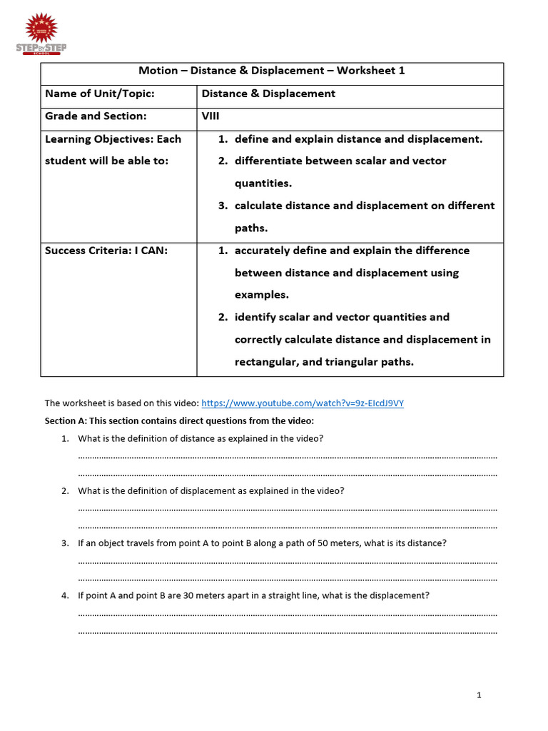 Motion - Distance & Displacement-Worksheet1-G8 | PDF | Distance ...
