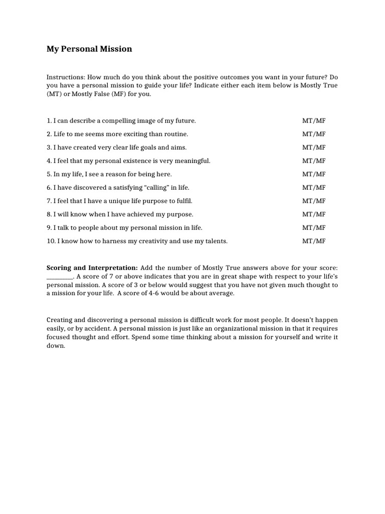 My Personal Mission - Questionnaire | PDF