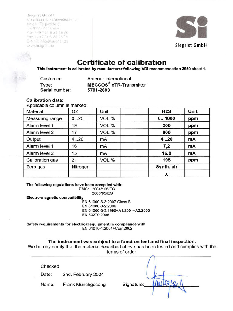 Calibration Certs - H2S Analyzers | PDF