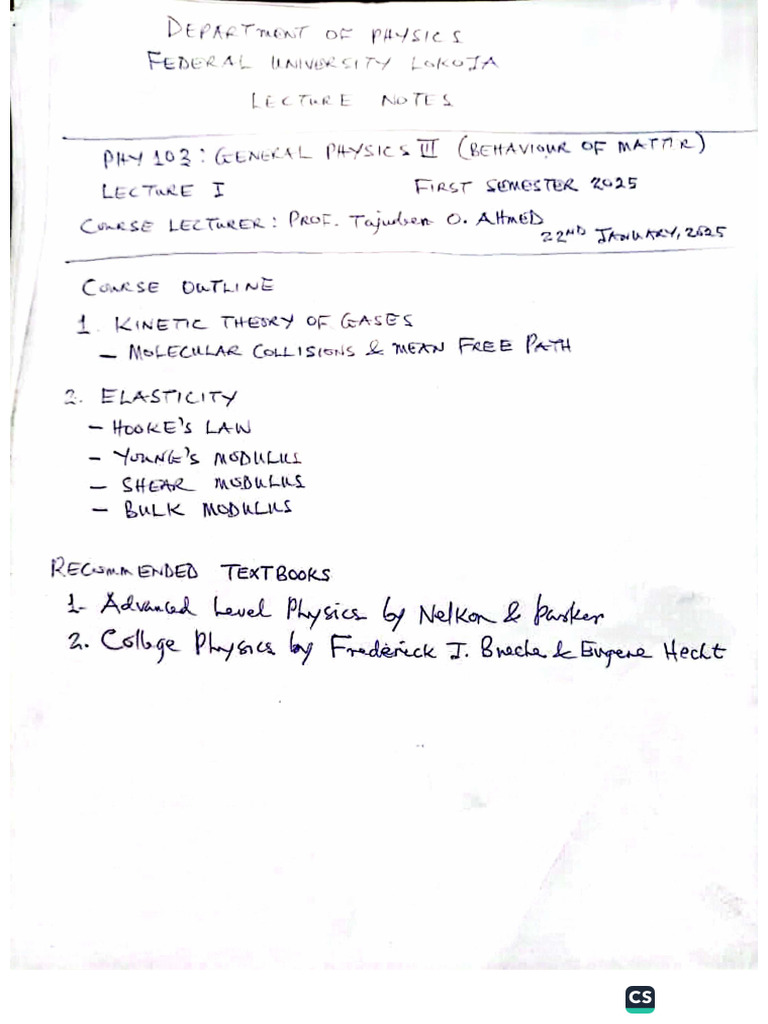 Arranged Phy 103 Note On Kinetic Theory of Matter and Elasticity | PDF