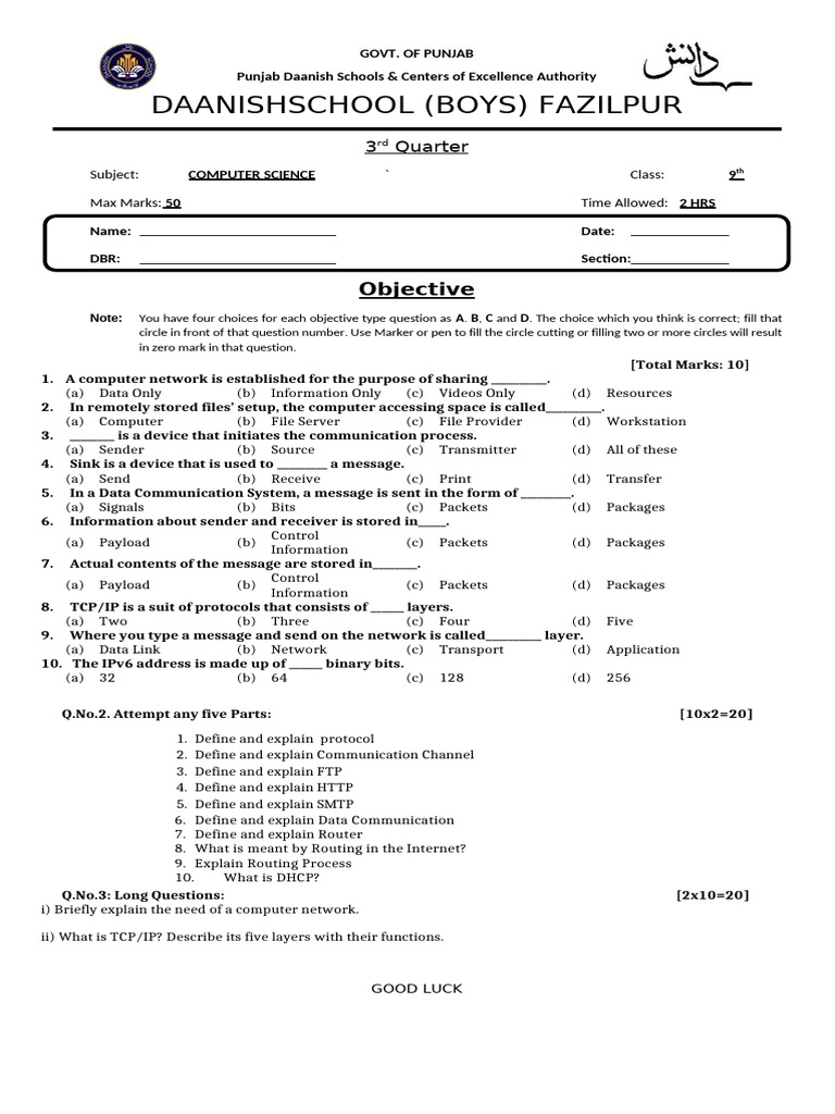 9th Class Computer Science Exam Marks | PDF | Internet Protocol Suite ...
