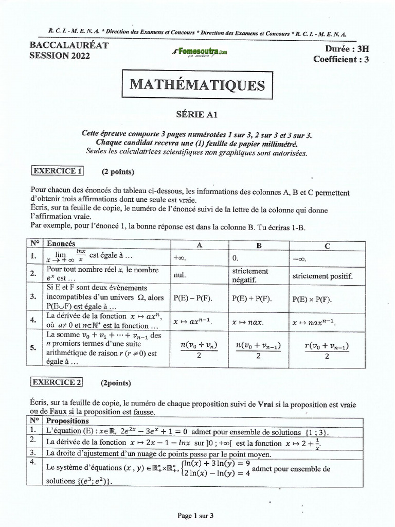 Bac a1 Math 2022 | PDF