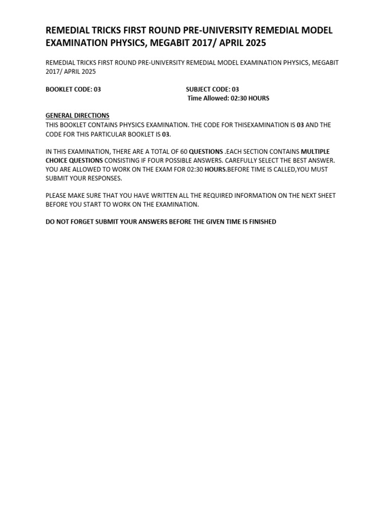 2017 Physics First Round Pre University Remedial Model Examination ...