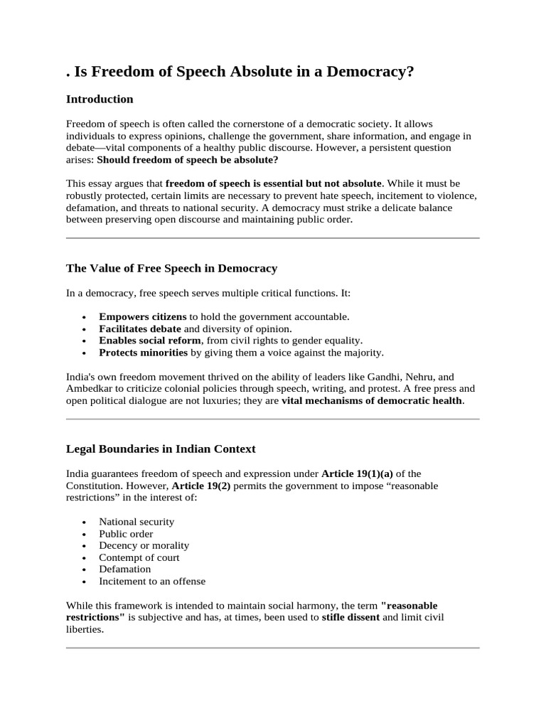 Is Freedom of Speech Absolute in a Democracy | PDF | Freedom Of Speech ...