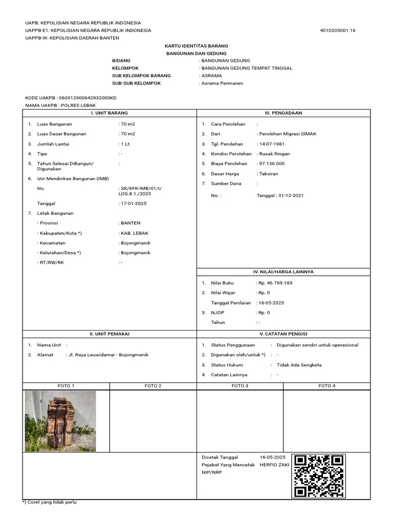 Kartu Identitas Barang Asrama Polres Lebak | PDF