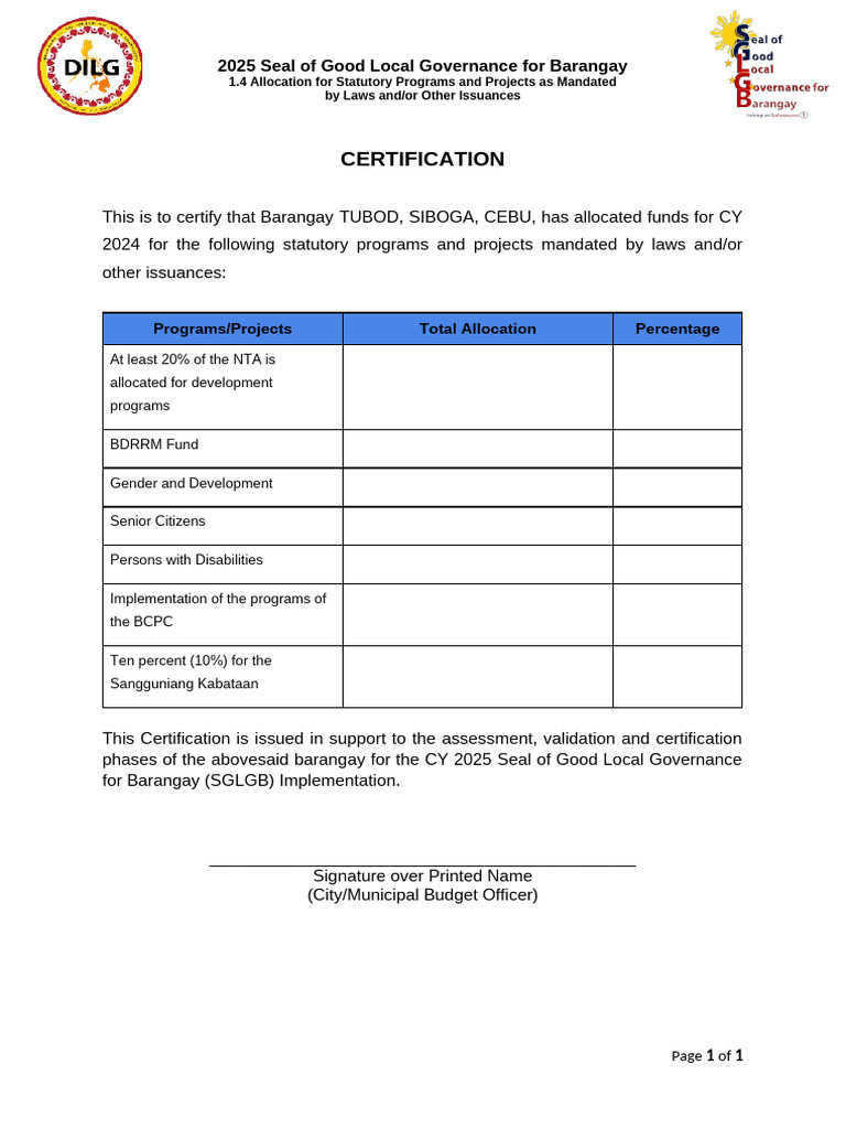 2025 Seal of Good Local Governance Allocation | PDF