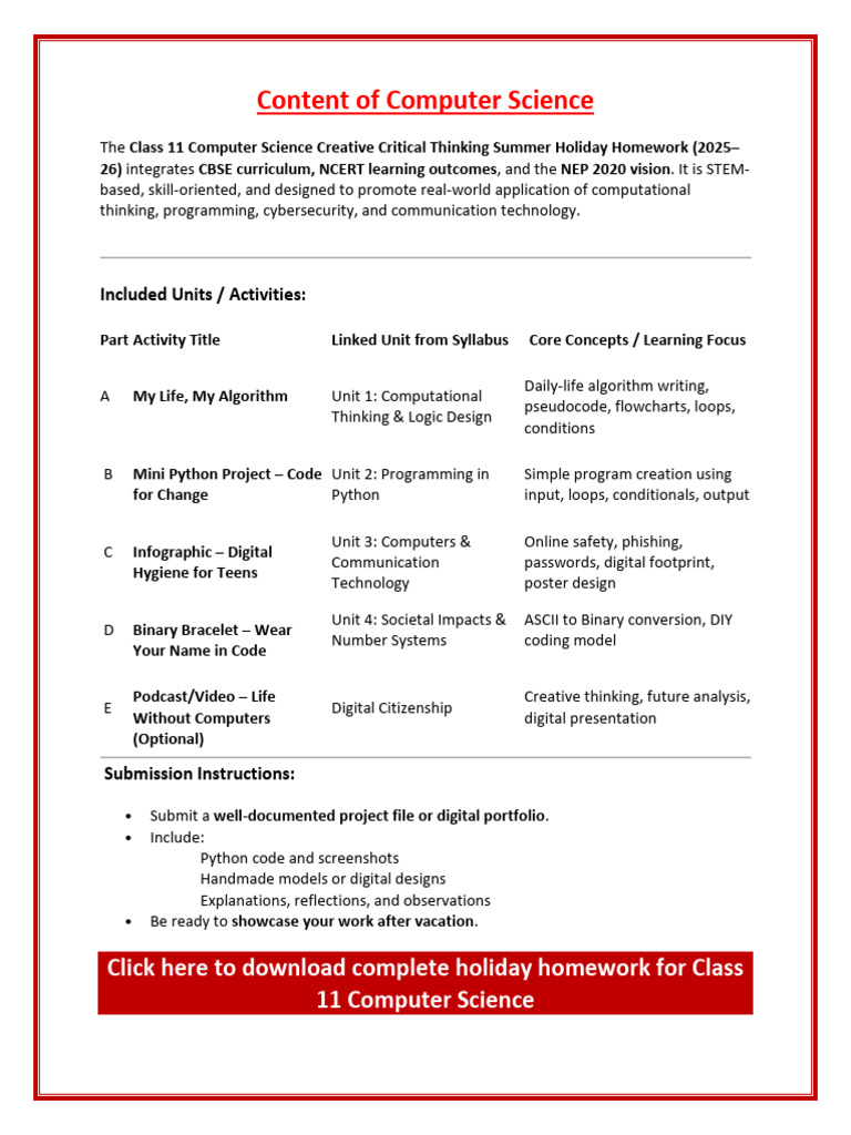 Class 11 Creative Critical Thinking Computer Science Summer Holiday Homework | PDF | Expert ...
