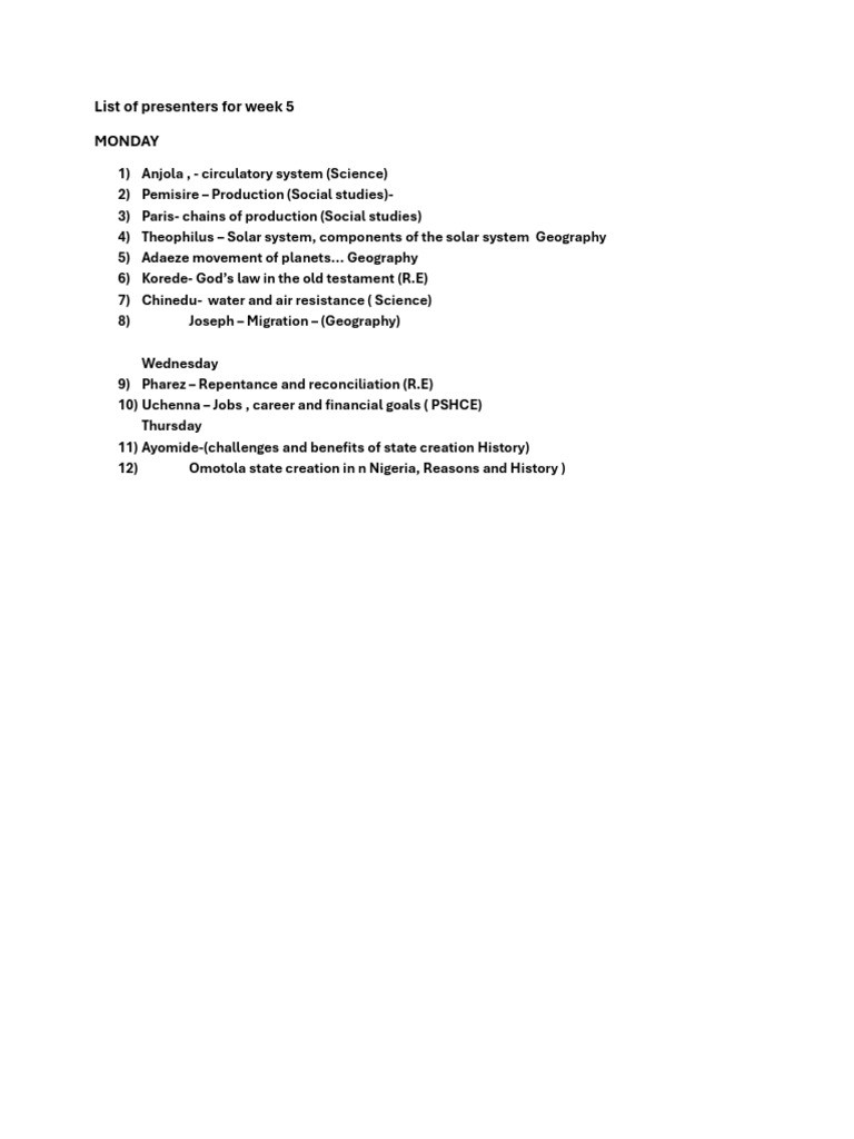 Week 5 Presenters | PDF