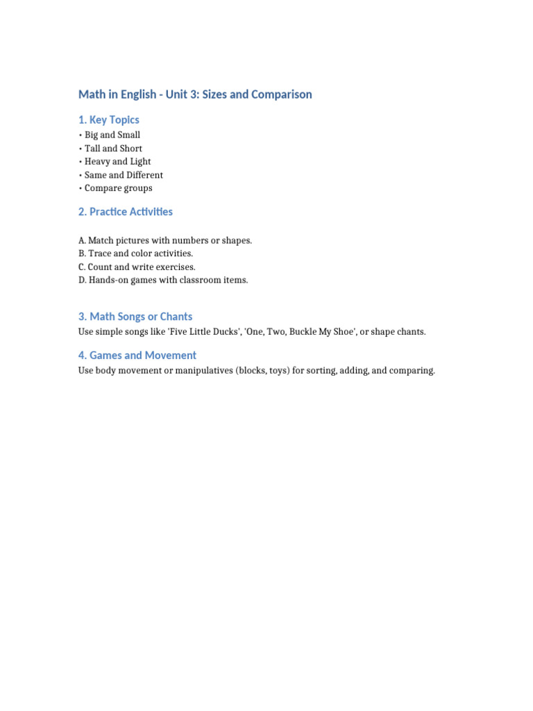 Math Unit3 Unit 3 Sizes and Comparison Material | PDF